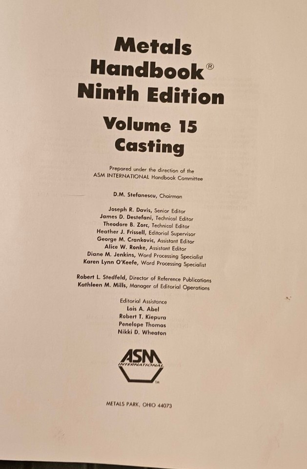 Metals Handbook ASM 9th Ninth Edition Vol 15: CASTING | eBay