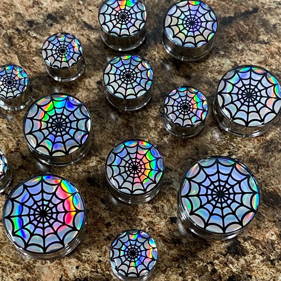 Spider Web Holographic Double Flare Picture Plugs (MTO-070) gauges pair ...