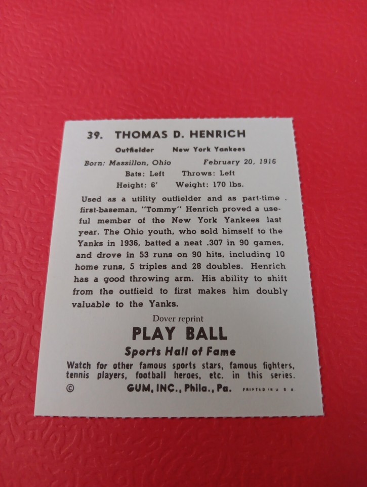 Thomas Henrich 1941 PLAY BALL Dover Reprint Card #39 -YANKEES - FREE ...