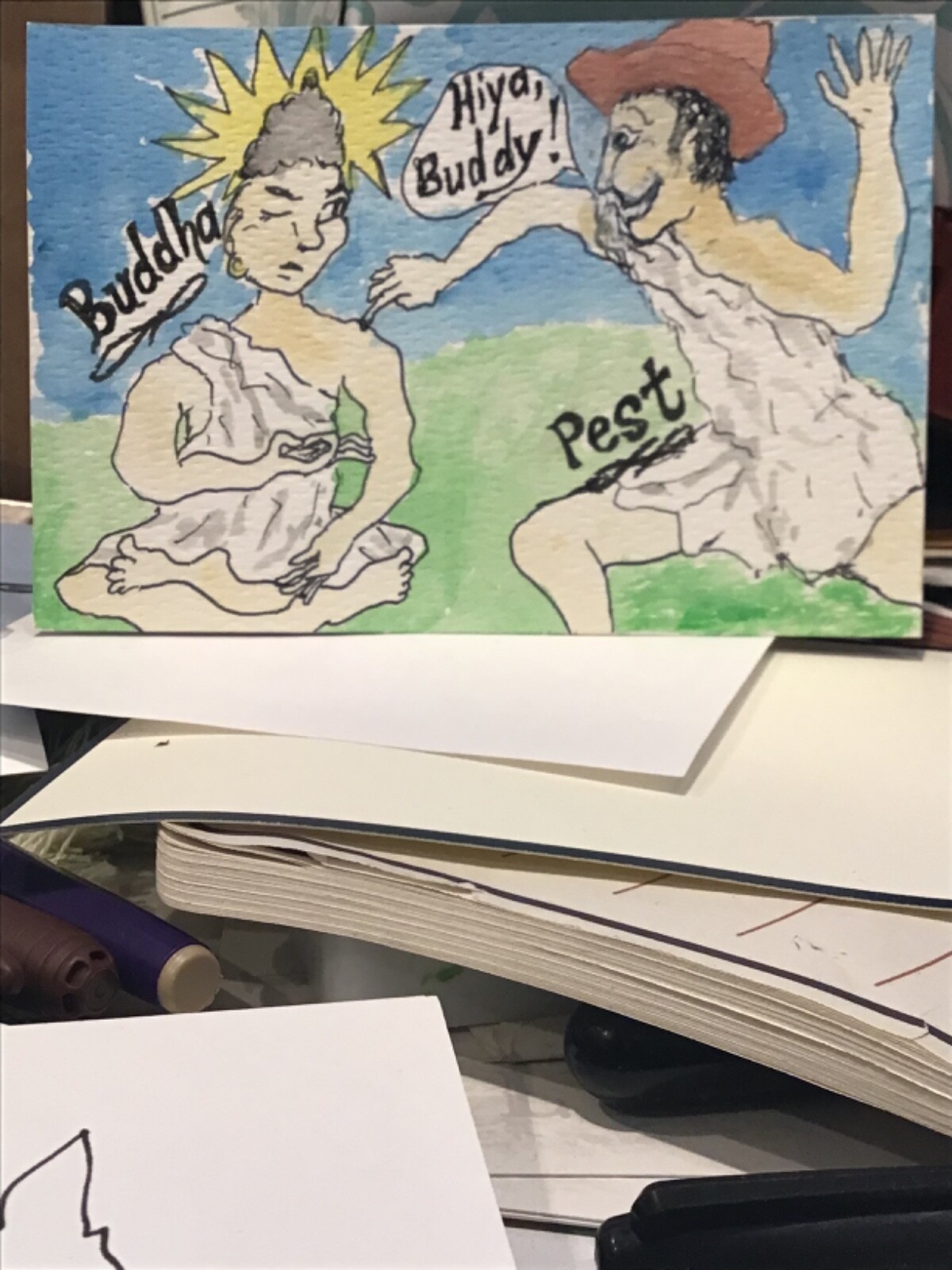 Buddha Pest original watercolor cartoon Sebastian Vale 4x6 & zine ...