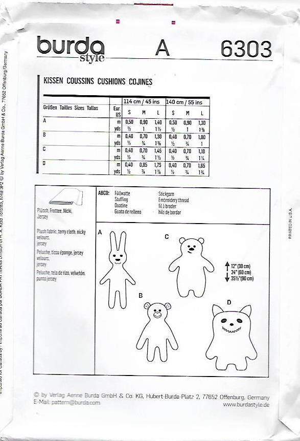 B219 BURDA 6303: BED TIME SOFT TOYS ONE SIZE SEWING PATTERN | eBay