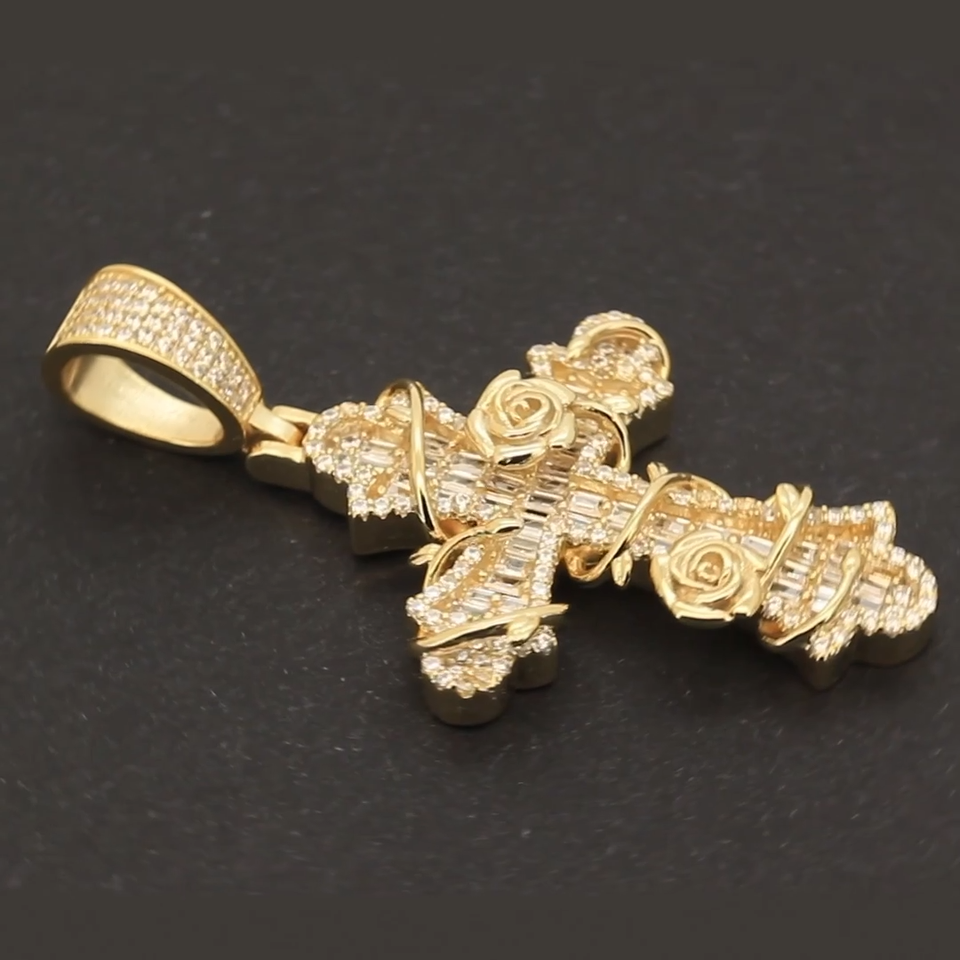 925 Sterling Silver 14k Gold Vermeil AAA Cubic Zirconia Thorned Cross ...