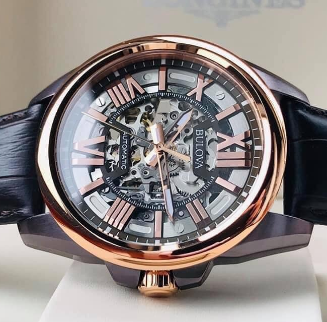 Bulova Rose Gold Sutton Automatic Skeleton Dial Leather Band Men's ...