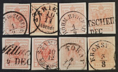 AUSTRIA 1850-1854 Used Imperf 3 Kr Lot of 8 Michel #3 Unchecked Types ...