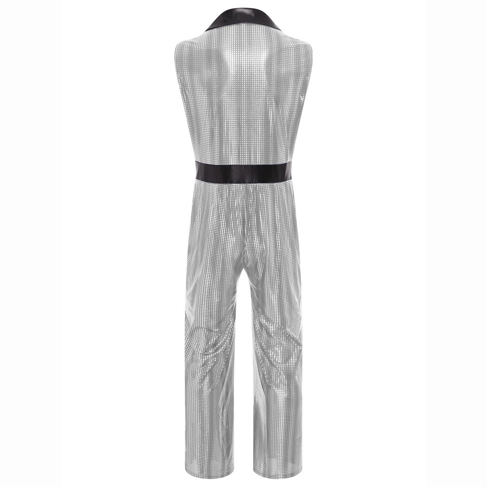 Men's Disco Jumpsuit 70s Costume Shiny Metallic Lapel V Neck Sleeveless ...
