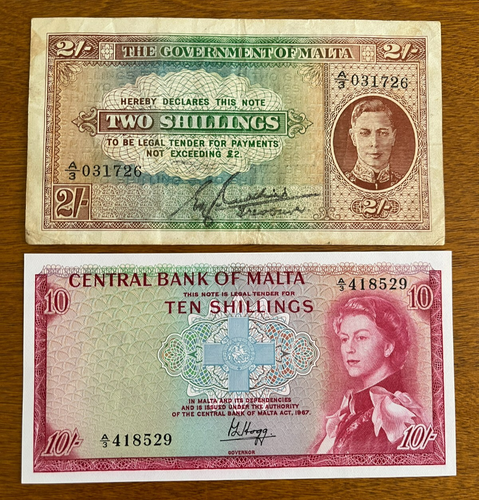2)CENTRAL BANK OF MALTA NOTES 1- 2 SHILLINGS 1942 / 1- 10 SHILLINGS ...