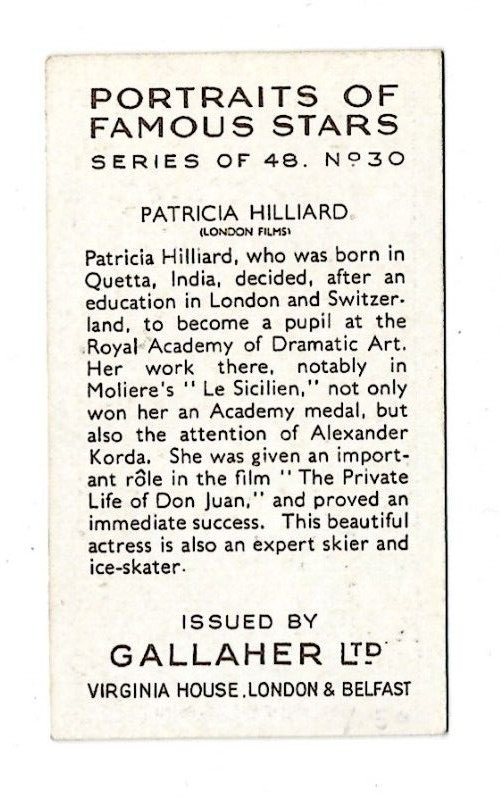 Patricia Hilliard Gallaher Tobacco Card Portraits of Famous Stars No ...