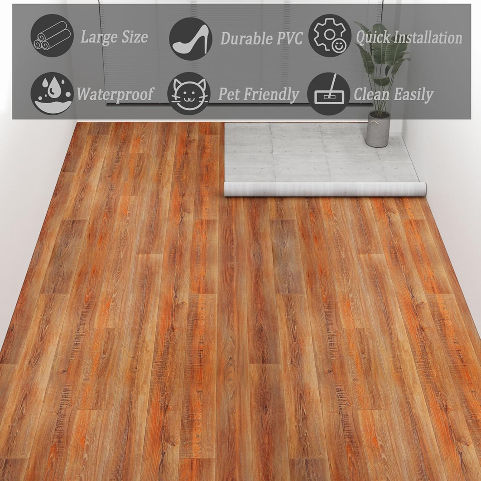 Vinyl Flooring Roll 107 Sq.Ft | 3'4"W X 32'10"L, PVC Leather-Like ...