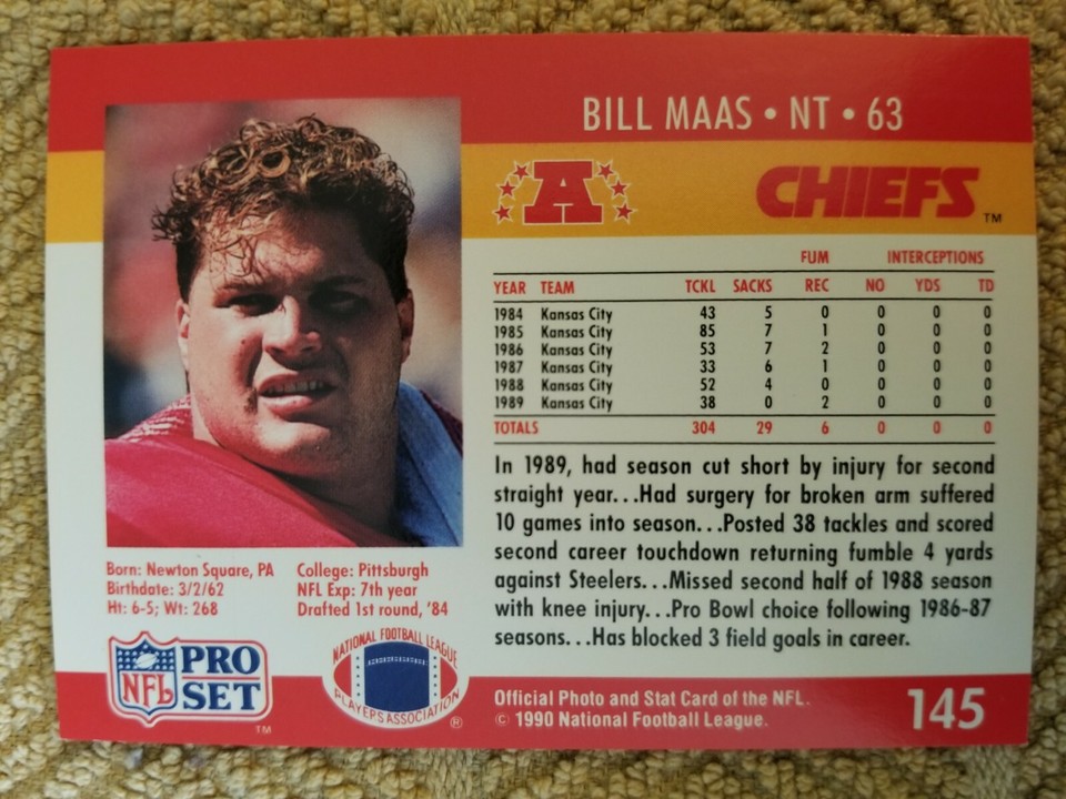 Bill Maas Kansas City Chiefs Nose Tackle Pro Set 1990 Card #145 | eBay
