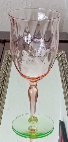 Vintage Pink & Green Watermelon Wine Glass Optic Etched Depression ...