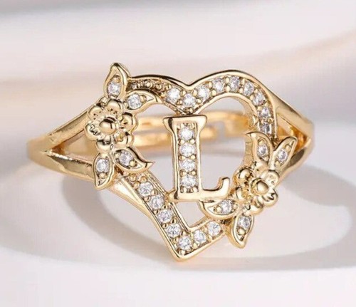 2 CT Round Cut Simulated Diamond Flower Letter "L" Ring 14K Yellow Gold ...