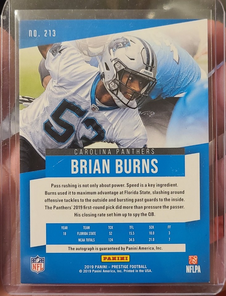 2019 Prestige BRIAN BURNS Rookie Autograph Card CAROLINA PANTHERS ...