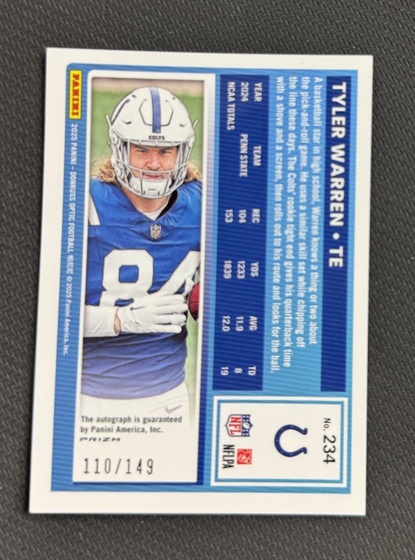 2025 Panini Donruss Optic Blue #/149 Tyler Warren RC Rookie Auto ...