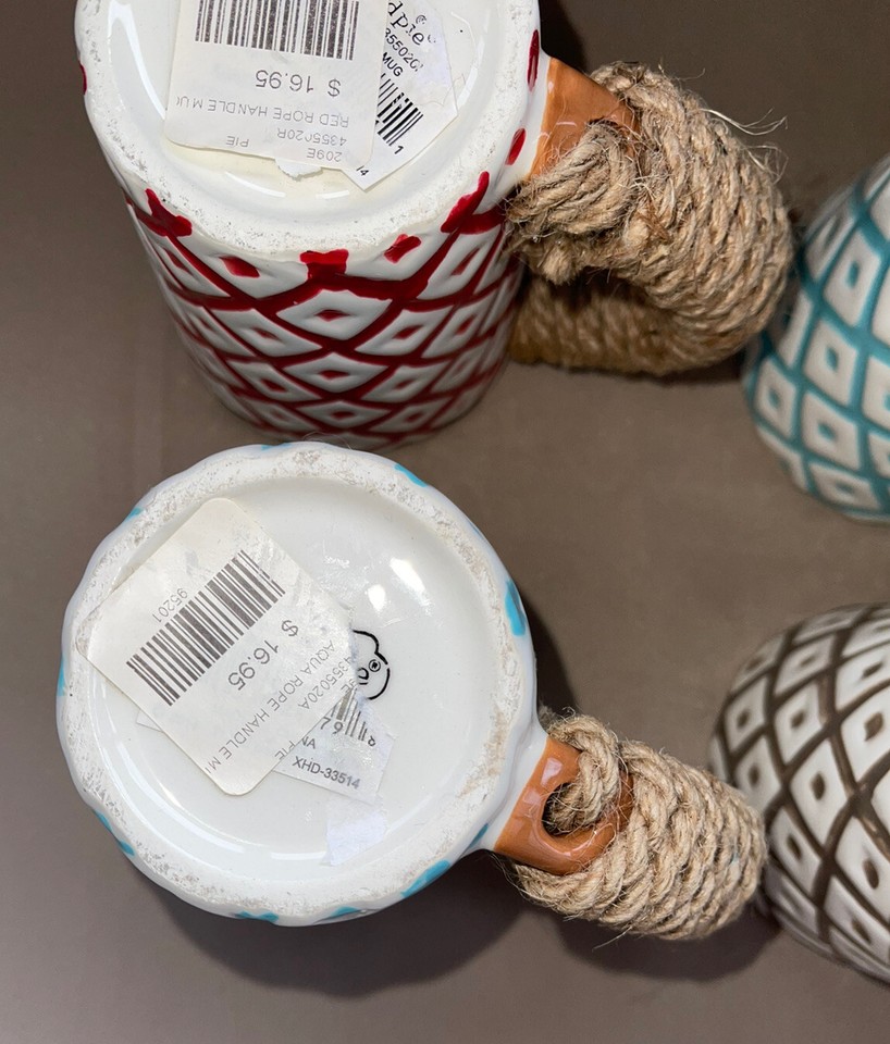 Mud Pie Raised Diamond Pattern Ceramic Mugs With Real Rope Handles New ...