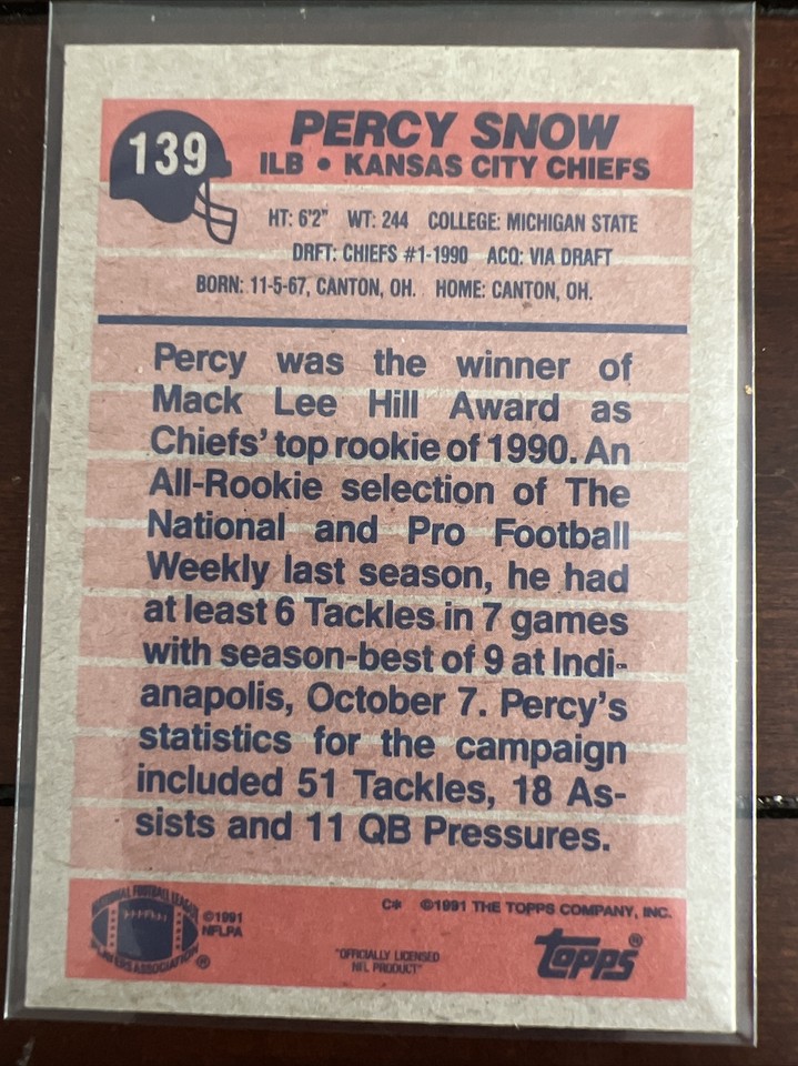 1991 Topps Football Percy Snow #139 Kansas City Chiefs Super Rookie | eBay