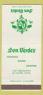 Matchbook Cover - Don Verde's Restaurant El Cajon CA 30 Strike | eBay