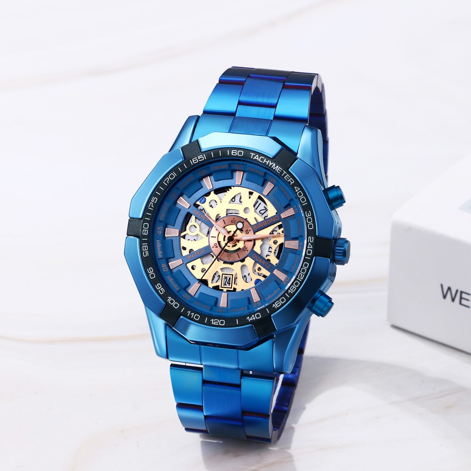 Men's Luxury Stainless Steel Mechanical Look Quartz Date Wrist Watch ...