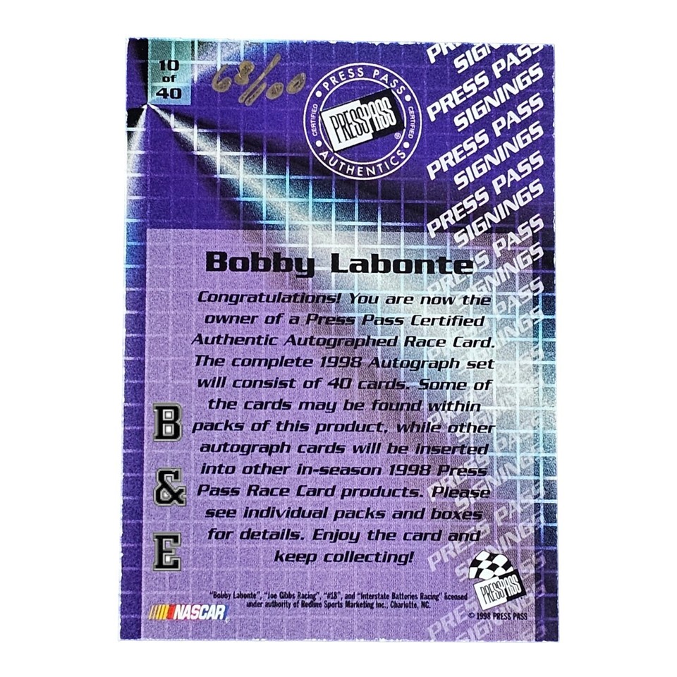 1998 Press Pass NASCAR 50th Anniversary GOLD Bobby Labonte Autograph ...
