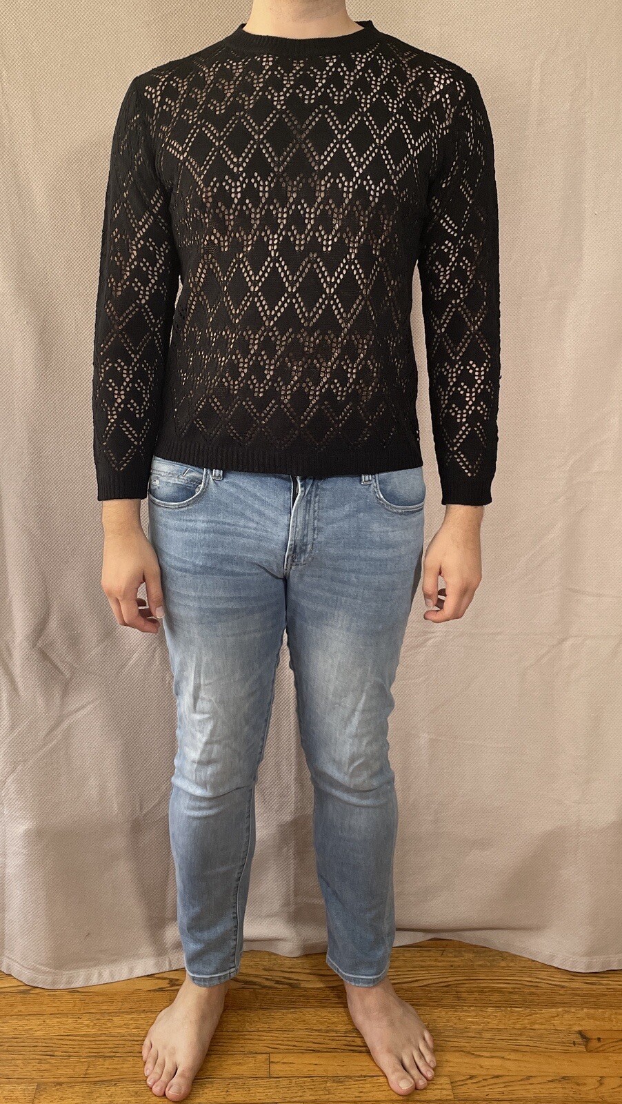 Sinransinya Men's Size L Black Diamond Crochet Knit Pullover Crewneck ...