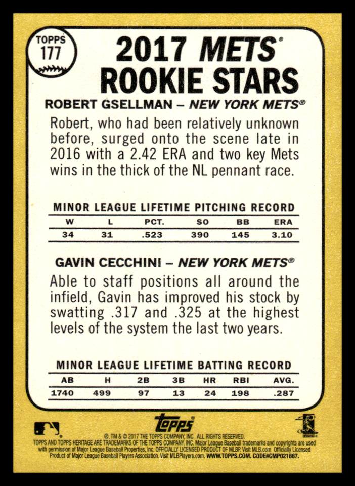 2017 Topps Heritage #177 Gavin Cecchini / Robert Gsellman New York Mets ...