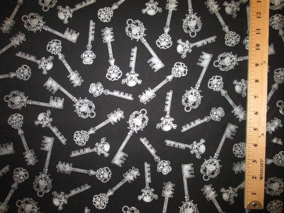 ANTIQUE KEYS WITH SKULLS METALLIC SILVER BLACK COTTON FABRIC FQ | eBay
