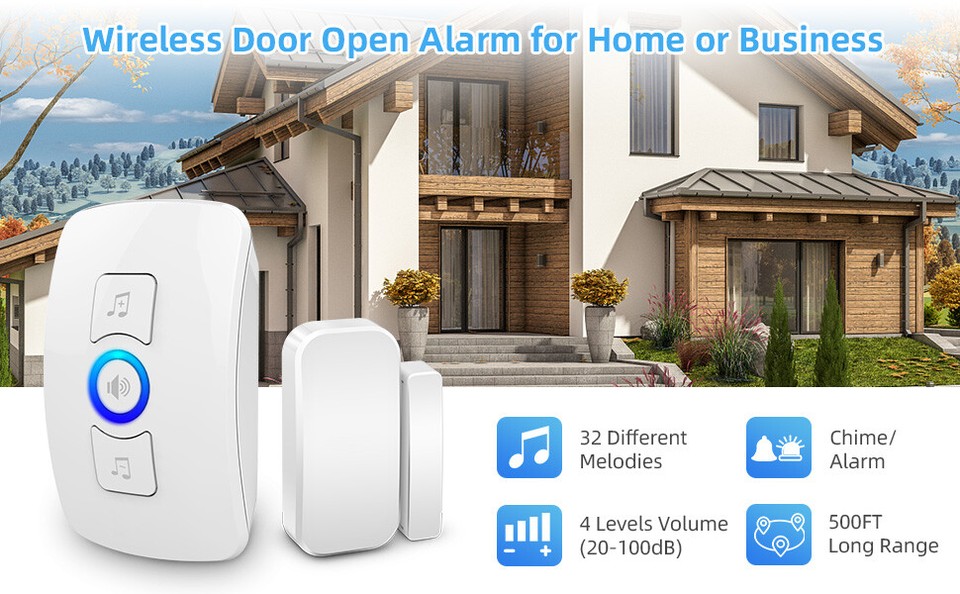 Wireless Door Open Chime Sensor Bell 32 Melodies 4-Adjustable Volume ...