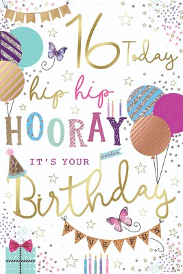 16th Happy Birthday Card 16 Today Balloons Present Female Design Lovely ...