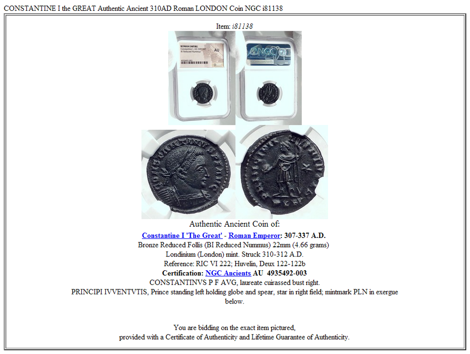 CONSTANTINE I the GREAT Authentic Ancient 310AD Roman LONDON Coin NGC ...