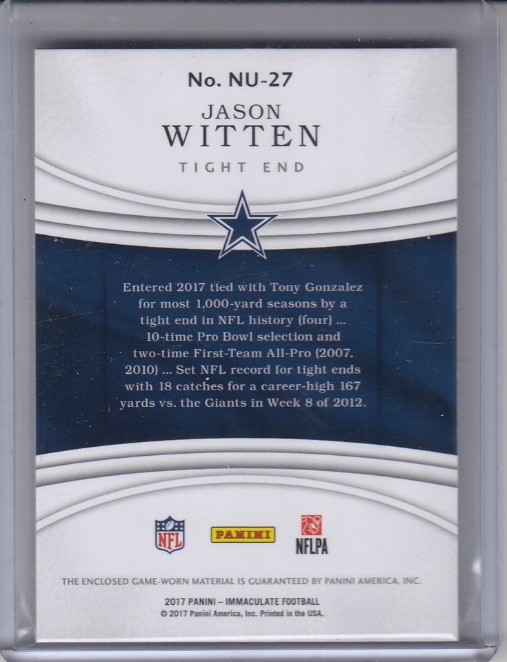 JASON WITTEN 2017 Panini Immaculate Immaculate Numbers Memorabilia 47/ ...