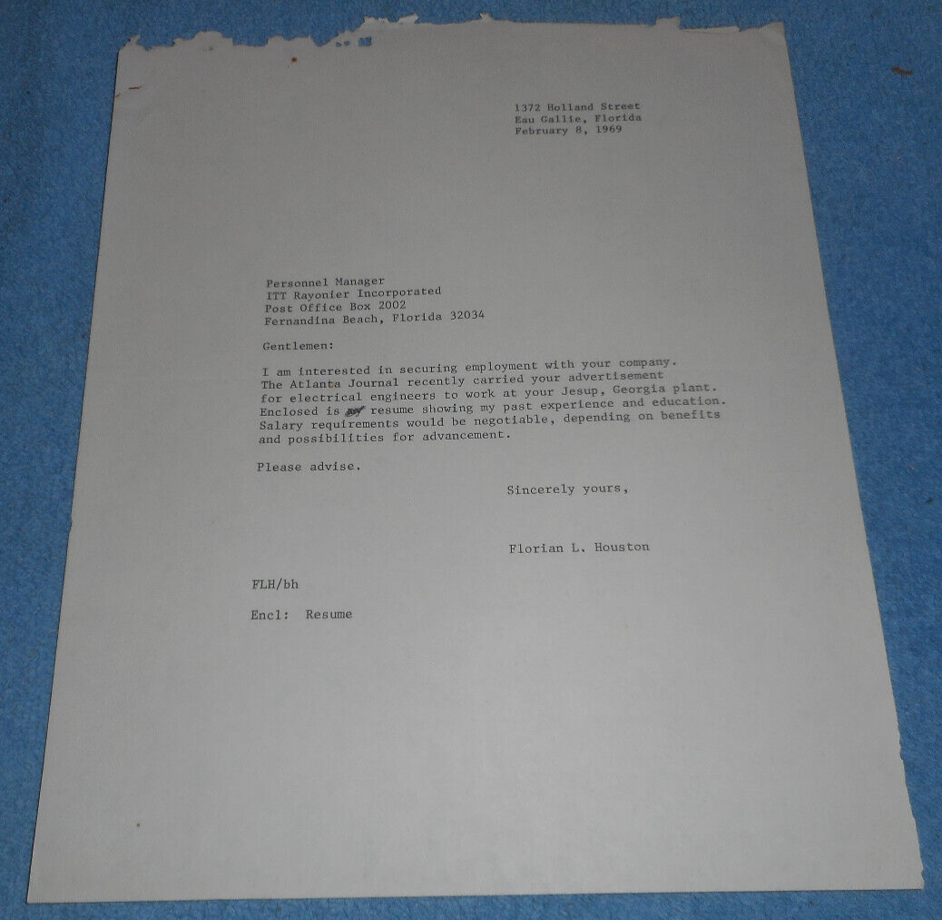 1969 Employment Interest Letter To ITT Rayonier Inc Florida From ...