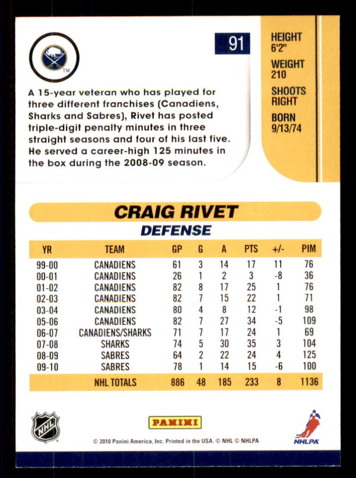 2010-11 Score Glossy #91 Craig Rivet Buffalo Sabres | eBay