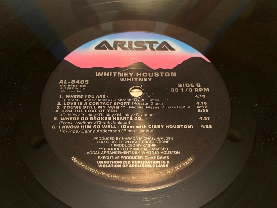 Whitney Houston "Whitney" Arista AL-8405 LP 1987 Pressing w/ Inner ...
