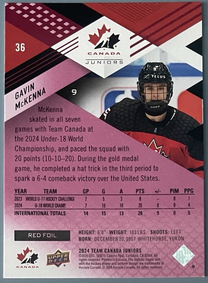 Gavin Mckenna Rookie 2024 Upper Deck Team Canada Juniors #36 Red Foil ...