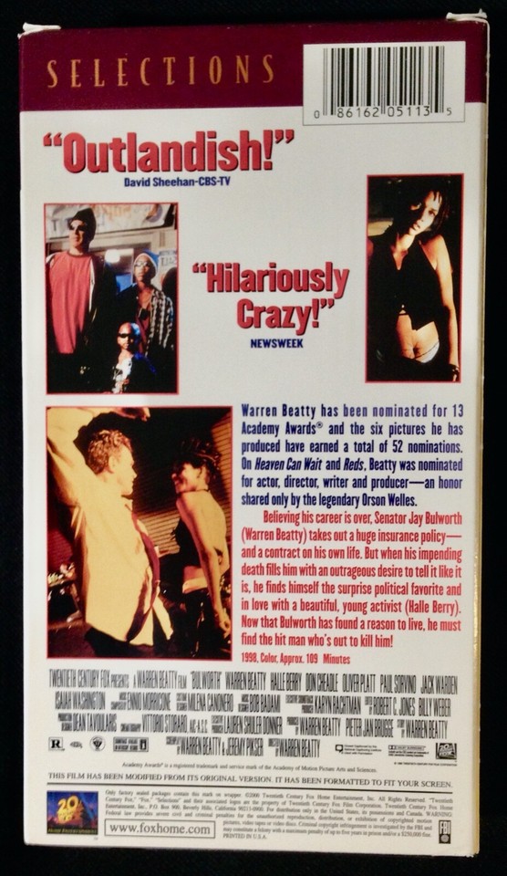 Bulworth (VHS, 1999) Warren Beatty, Halle Berry, Don Cheadle ...