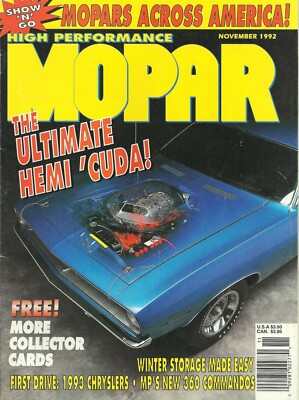 High Performance Mopar magazine November 1992 good condition Dodge ...