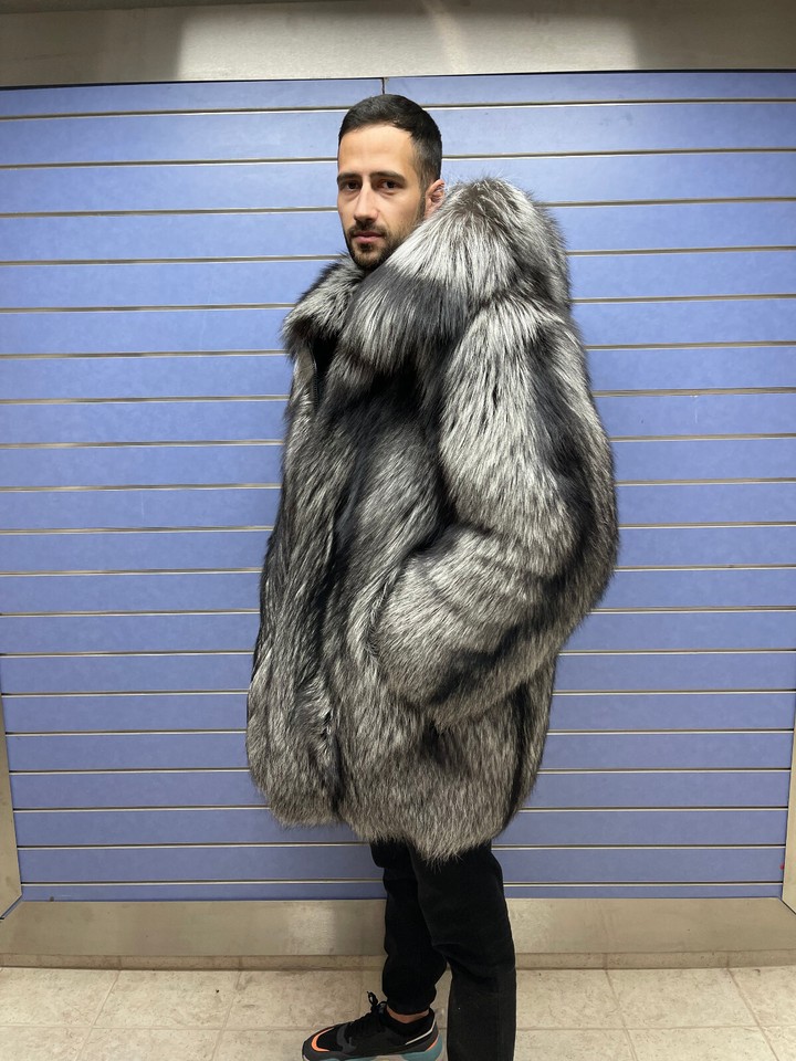 Luxury Full Skin Silver Fox Fur Mens Coat Real DOUBLE Side Rex Fur With ...