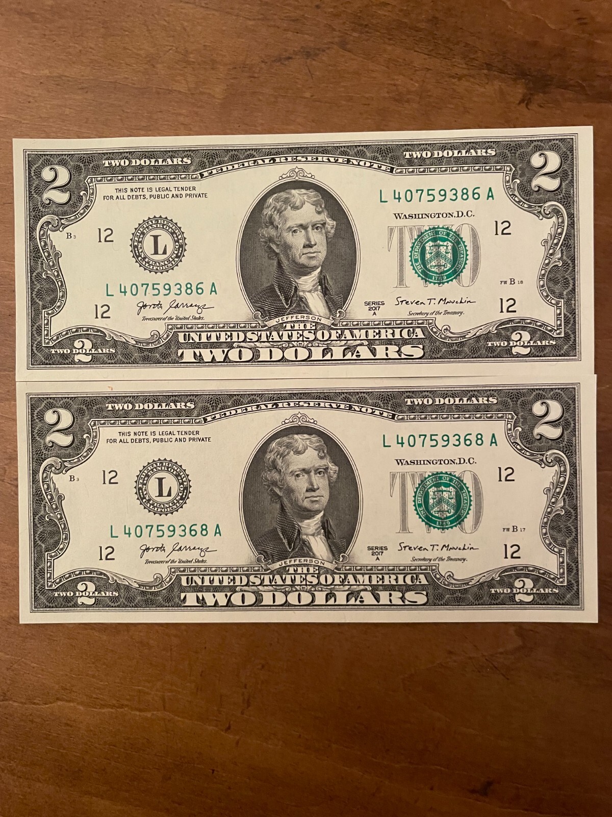 ((Fancy)) lot of (2) GEM/UNC 2017A $2 FRN with serial#s Broken Ladders ...