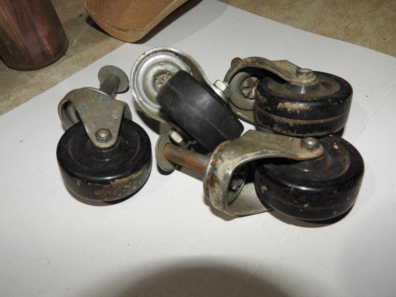 1 PAYSON & 3 BASSICK Vintage Steampunk Metal Caster Wheels w Iron Shaft ...