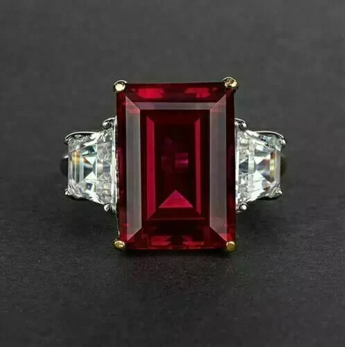 3Ct Emerald Lab Created Red Ruby Diamond Engagement Ring 14K White Gold ...