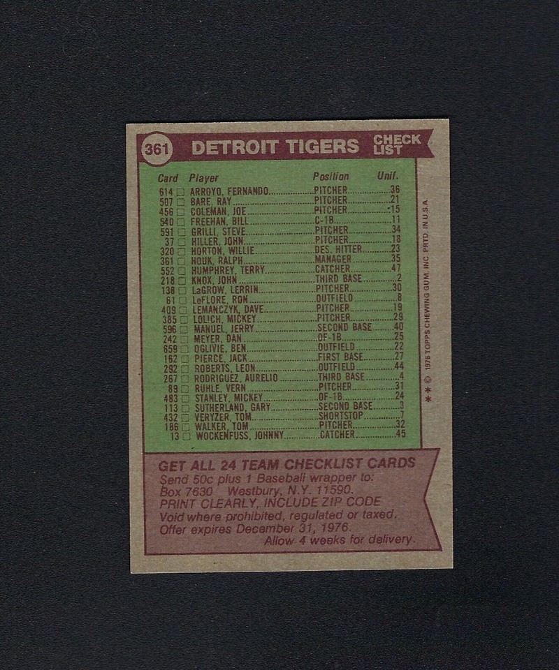 1976 Topps #361 DETROIT TIGERS TEAM CARD Unmarked Checklist NRMT No ...