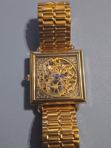 Stauer Skeleton Manual Wind Open Dial Watch 20879 Gold Tone Blue Hands ...