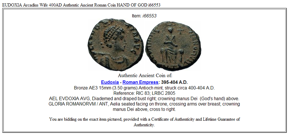 EUDOXIA Arcadius Wife 400AD Authentic Ancient Roman Coin HAND OF GOD ...