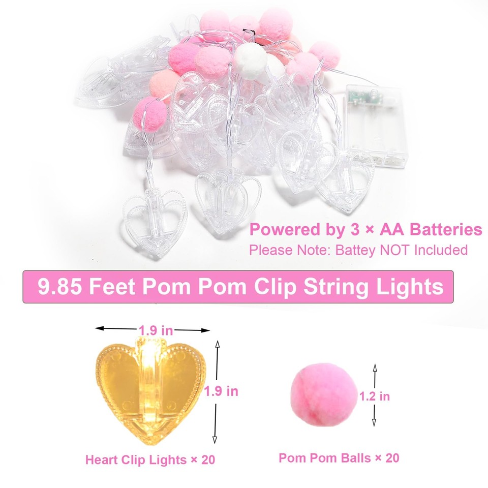 9.85Ft Photo Clip String Lights with 20 Cute Pompoms 20 LED Clear Heart ...
