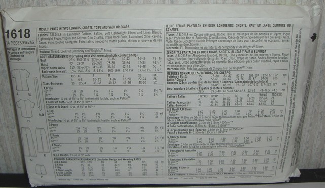 Simplicity Sewing Pattern 1618 a Misses Pants Shorts Tops Sash Scarf ...