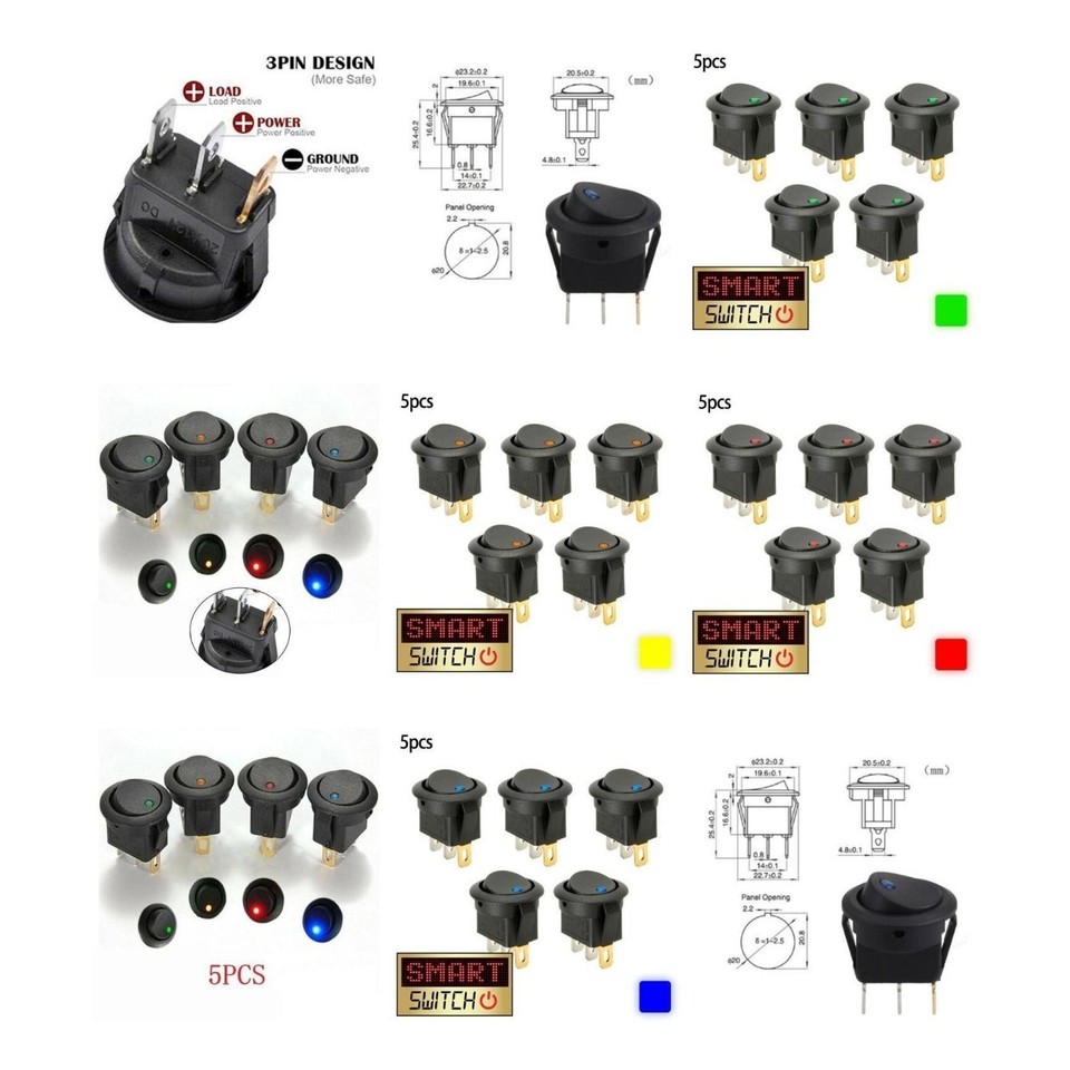 Reliable On/Off Round Rocker Switch with LED for Car Van and Boat 5PCS ...