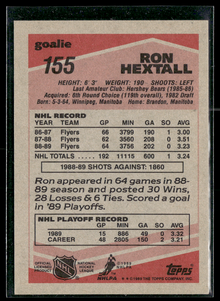 1989 Topps 155 Ron Hextall Philadelphia Flyers | eBay