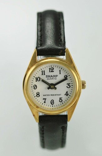 Sharp Womens Watch Gold Stainless Steel Black Leather Water Re Batt ...