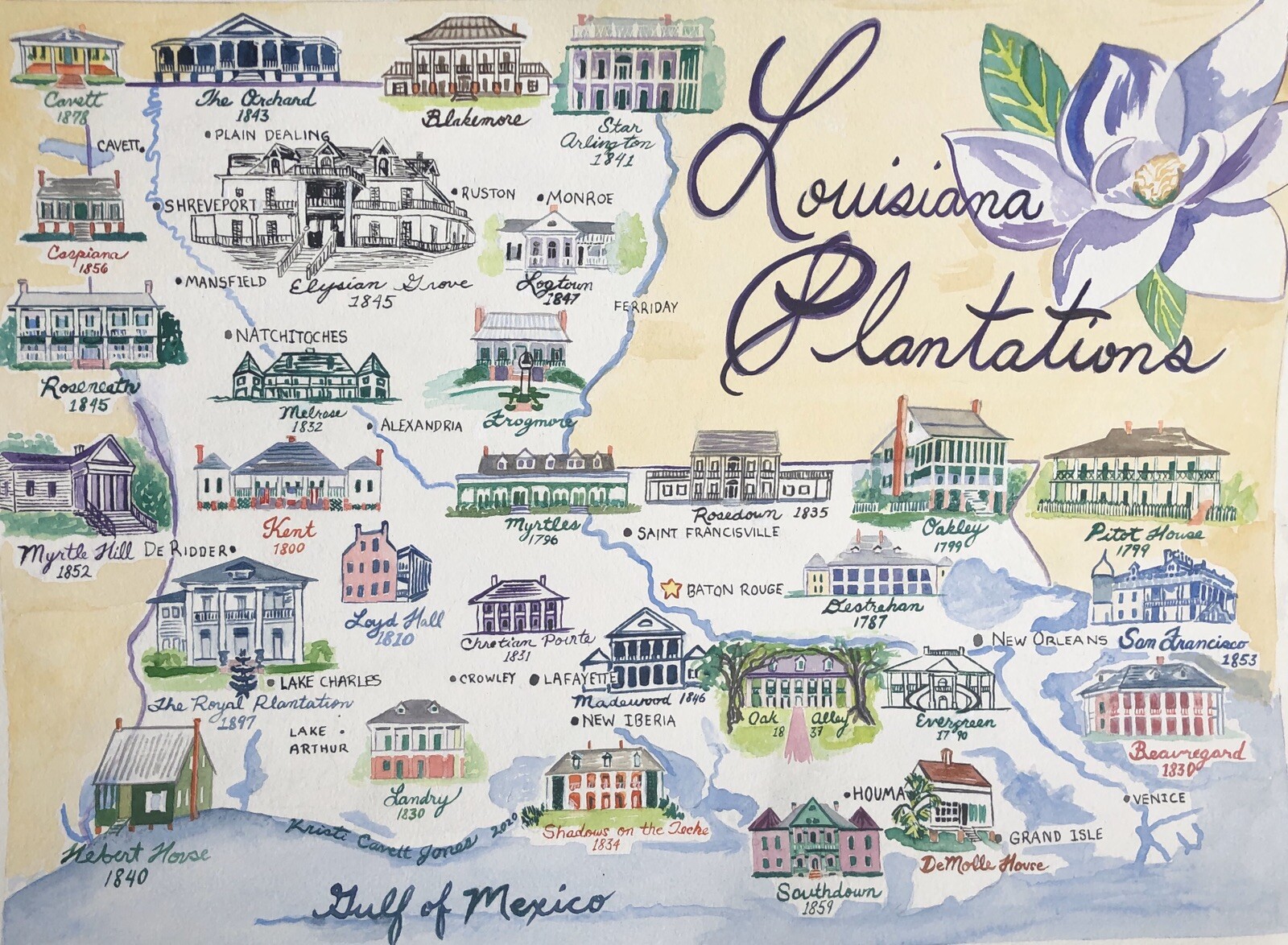 LOUISIANA PLANTATION MAP Rare Louisiana Print Oak Alley Antebellum ...