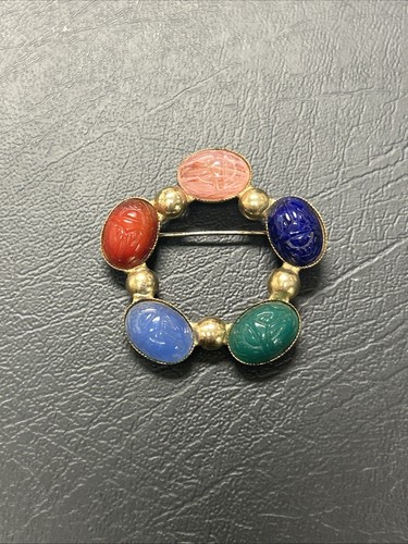 Vintage Stunning Gold Tone Enameled Multi-Color Scarab Stone Pin Brooch ...