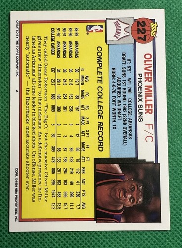 1992-93 Topps #227 Oliver Miller RC Phoenix Suns Rookie Arkansas ...